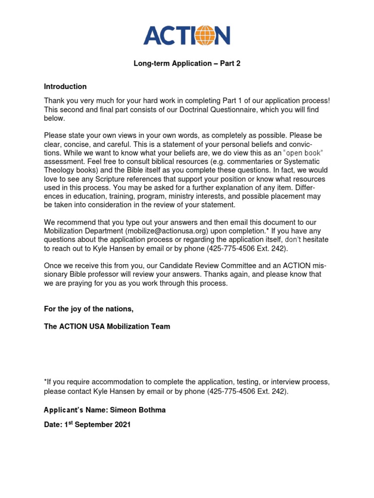 ACTION Long-Term Application - Part 2 Simeon Bothma | PDF | Jesus | God ...