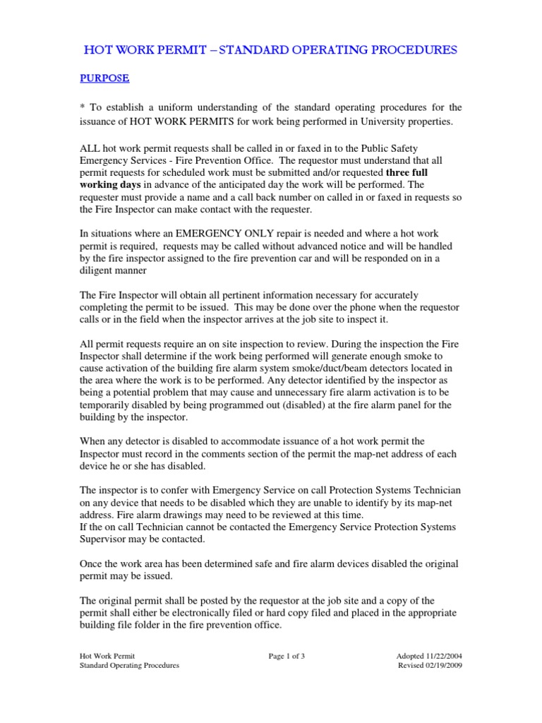 Hot Work Permit for Welding and Cutting Operations S.O.P. | Smoke | Safety