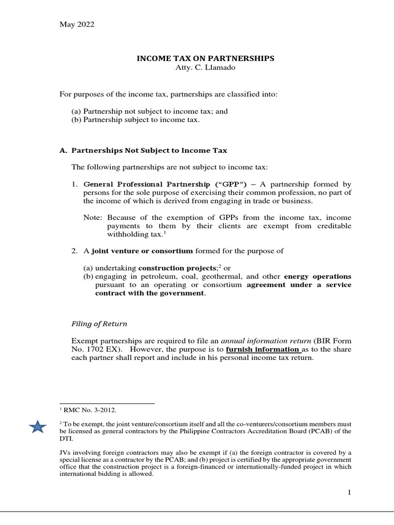 Income Tax Treatment of Partnerships, Joint Ventures, Consortia and Co ...