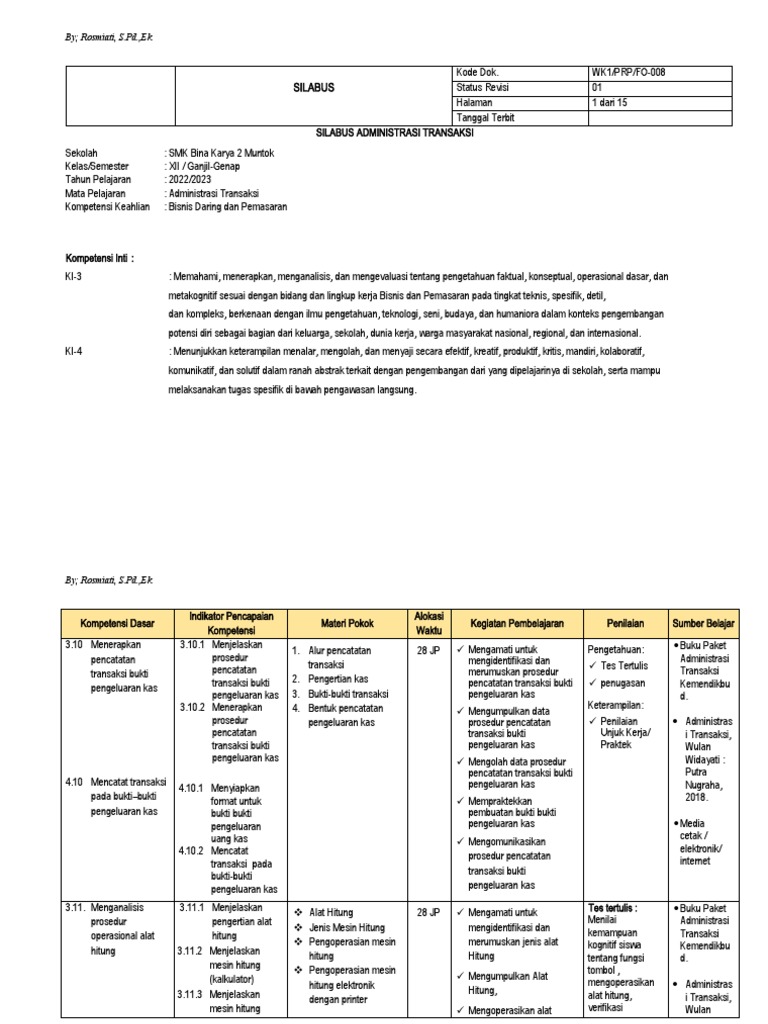 Silabus Adm Transaksi - Xii BDP | PDF