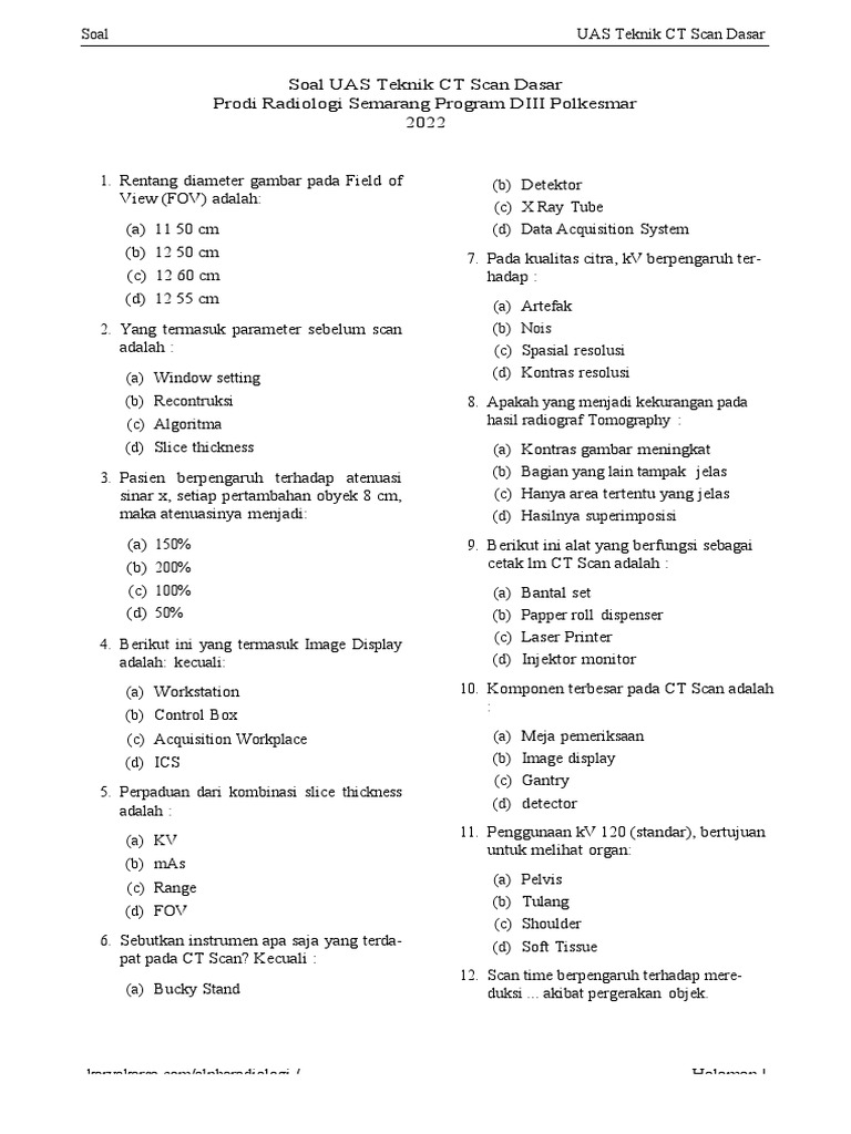 Soal UAS Teknik CT Scan Dasar 2022 | PDF