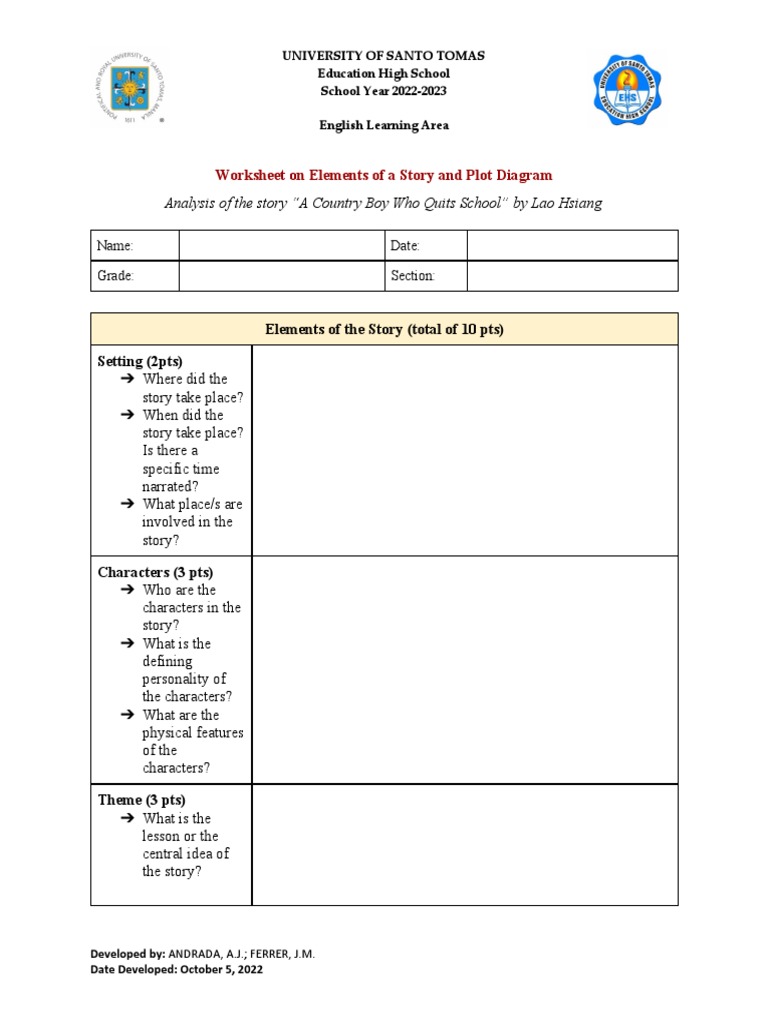 (WK 1) Worksheet On Story Elements & Plot Diagram | PDF
