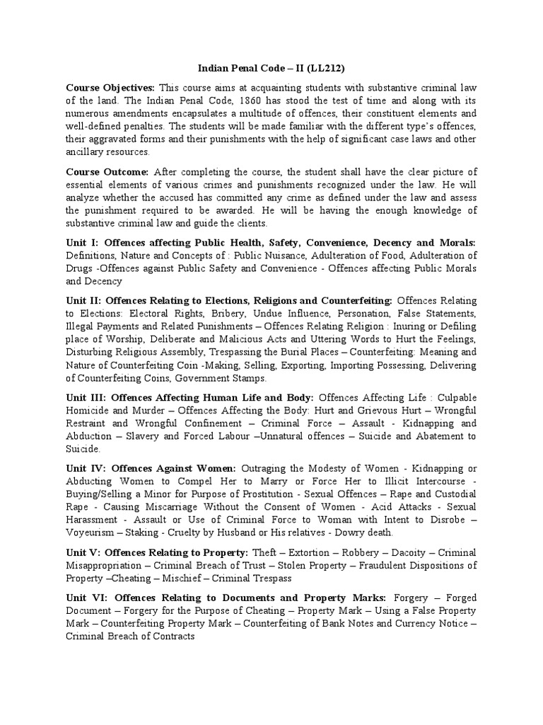 Syllabus Ipc - Ii | PDF | Crimes | Crime & Violence