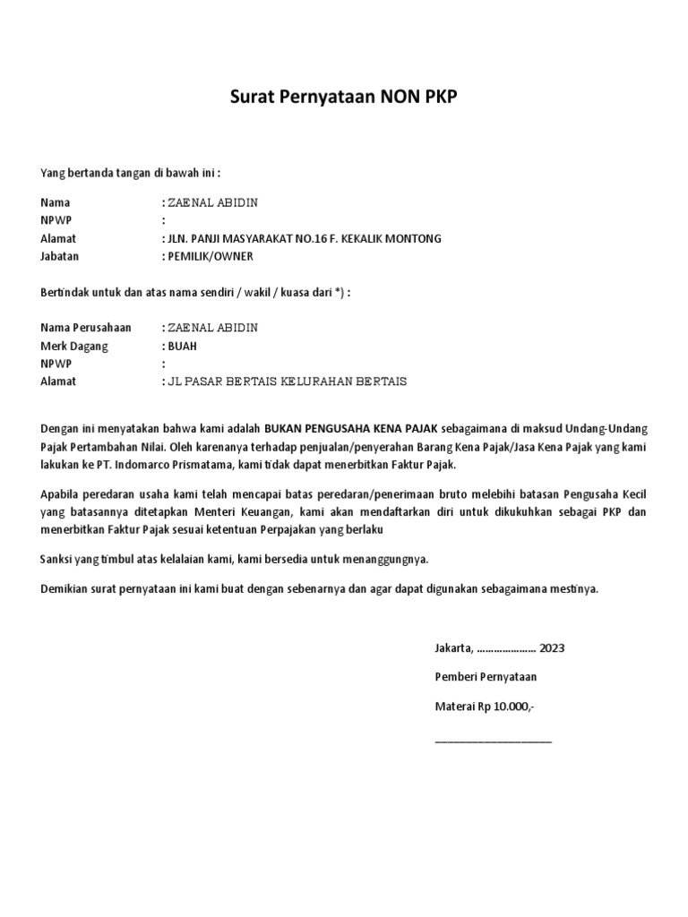Surat Pernyataan NON PKP | PDF