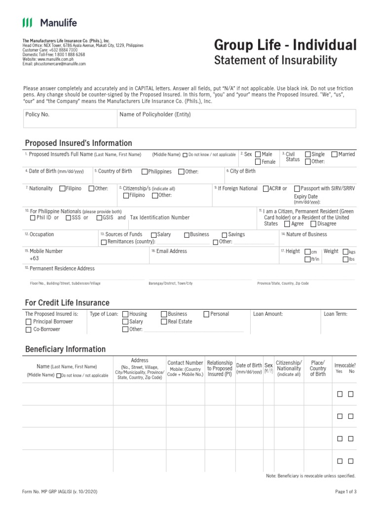 Manulife Group Life Insurance Form | PDF | Insurance | Life Insurance