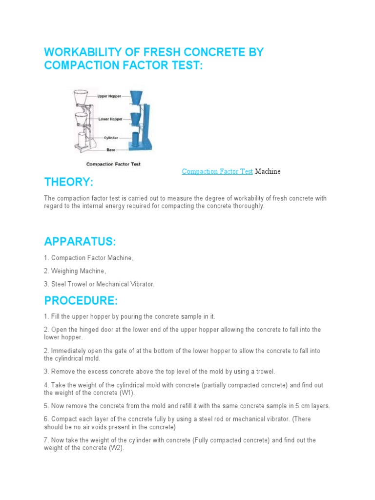Workability of Fresh Concrete by Compaction Factor Test | PDF