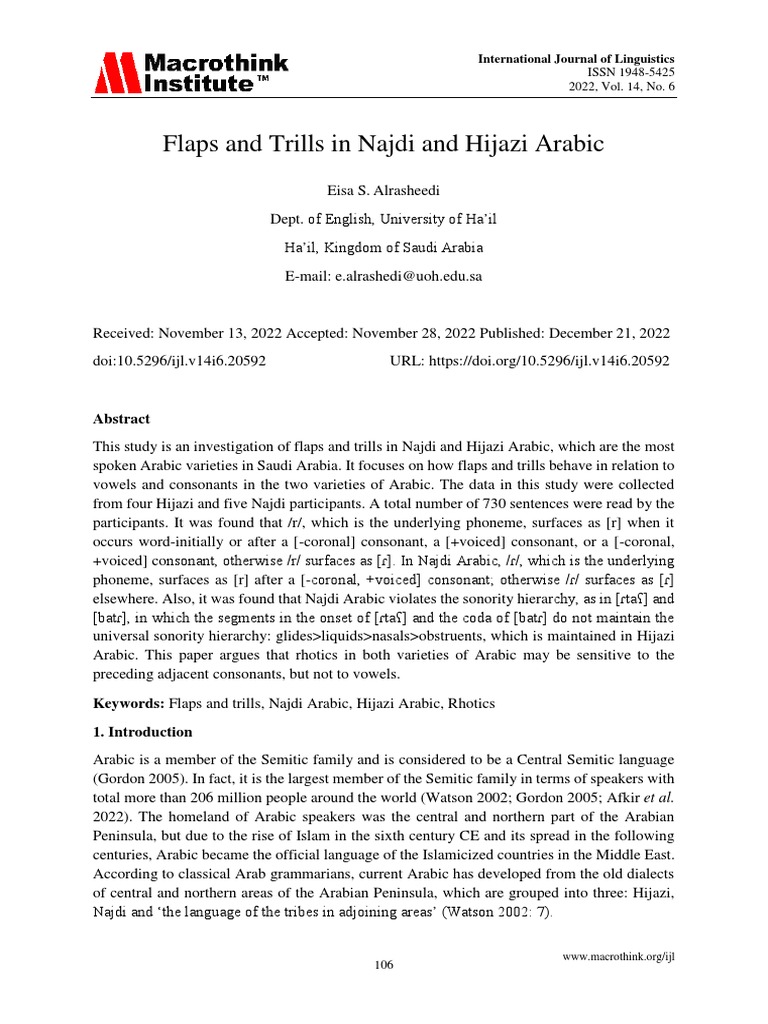 Flaps and Trills in Najdi and Hijazi Arabic | PDF | Consonant | Syllable
