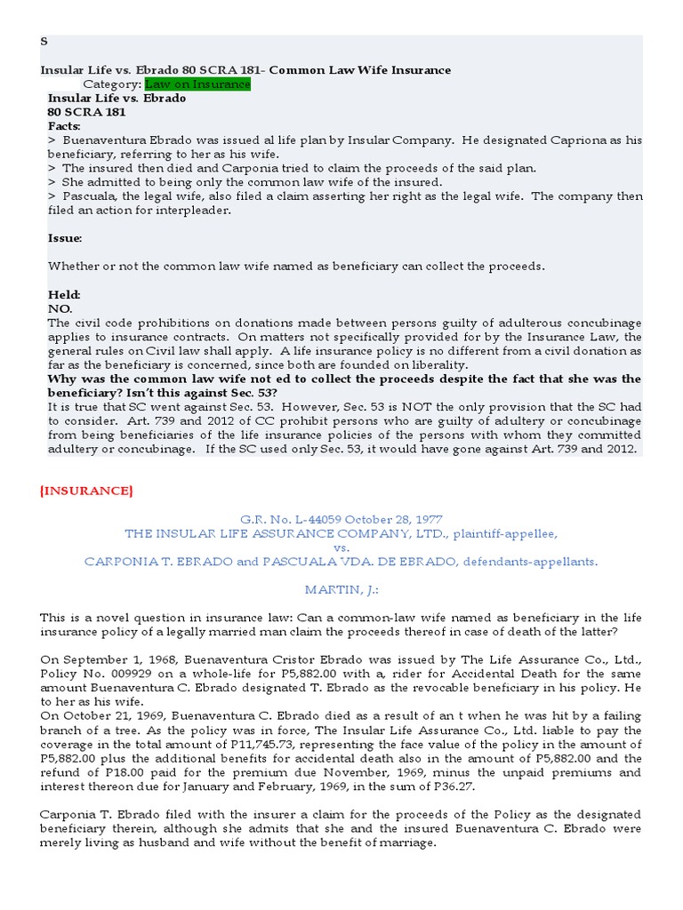 Insular Life vs. Ebrado: Beneficiary Rights | PDF | Insurance | Lawsuit