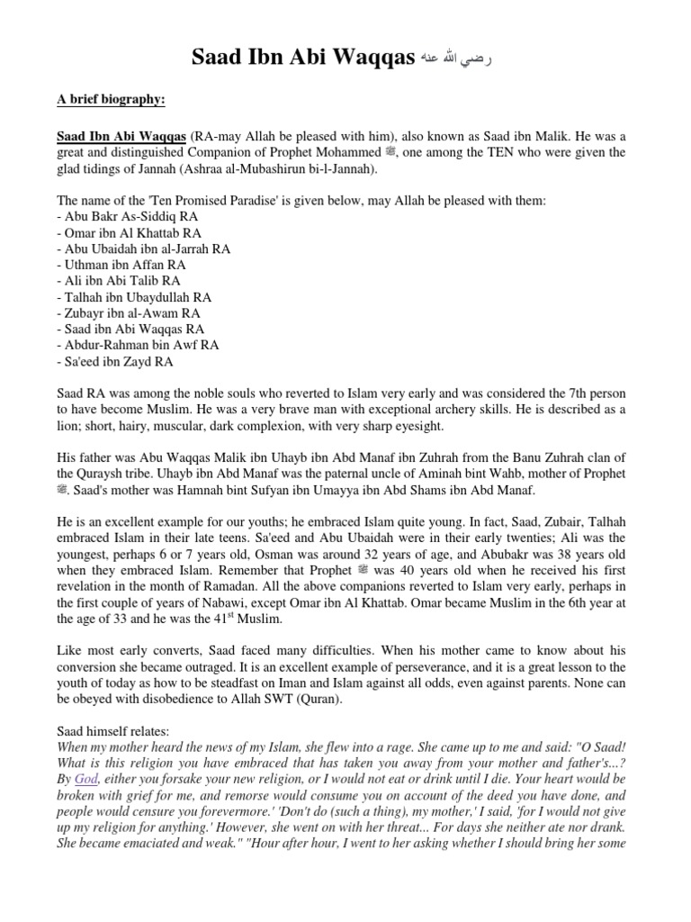 Biography of Saad Ibn Abi Waqqas RA | PDF | Umar | Muhammad