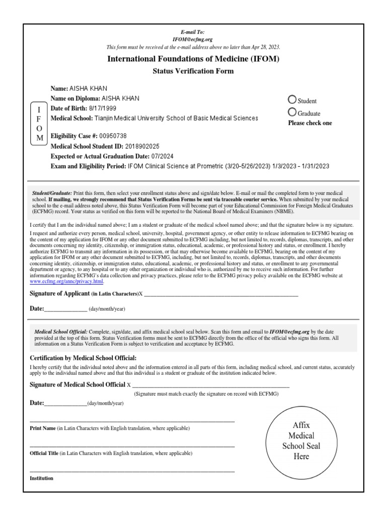 IFOM Status Verification Form | PDF | Medical School | Signature
