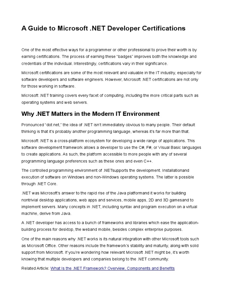 Microsoft .NET Developer Certifications Guide | PDF | World Wide Web ...
