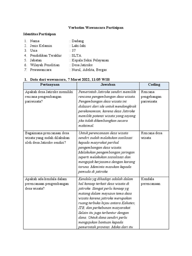 Verbatim Wawancara Partisipan (Jatiroke) | PDF