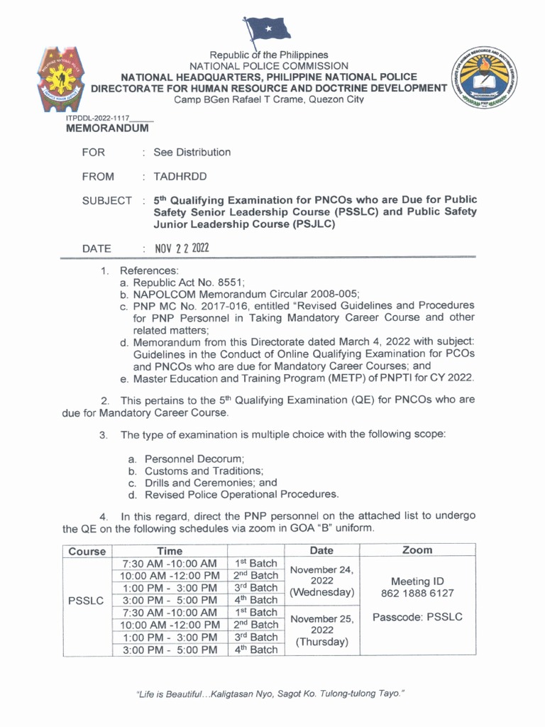 5th Qualifying Examinatiuon For PNCOs Who Are Due For PSSLC and PSJLC | PDF