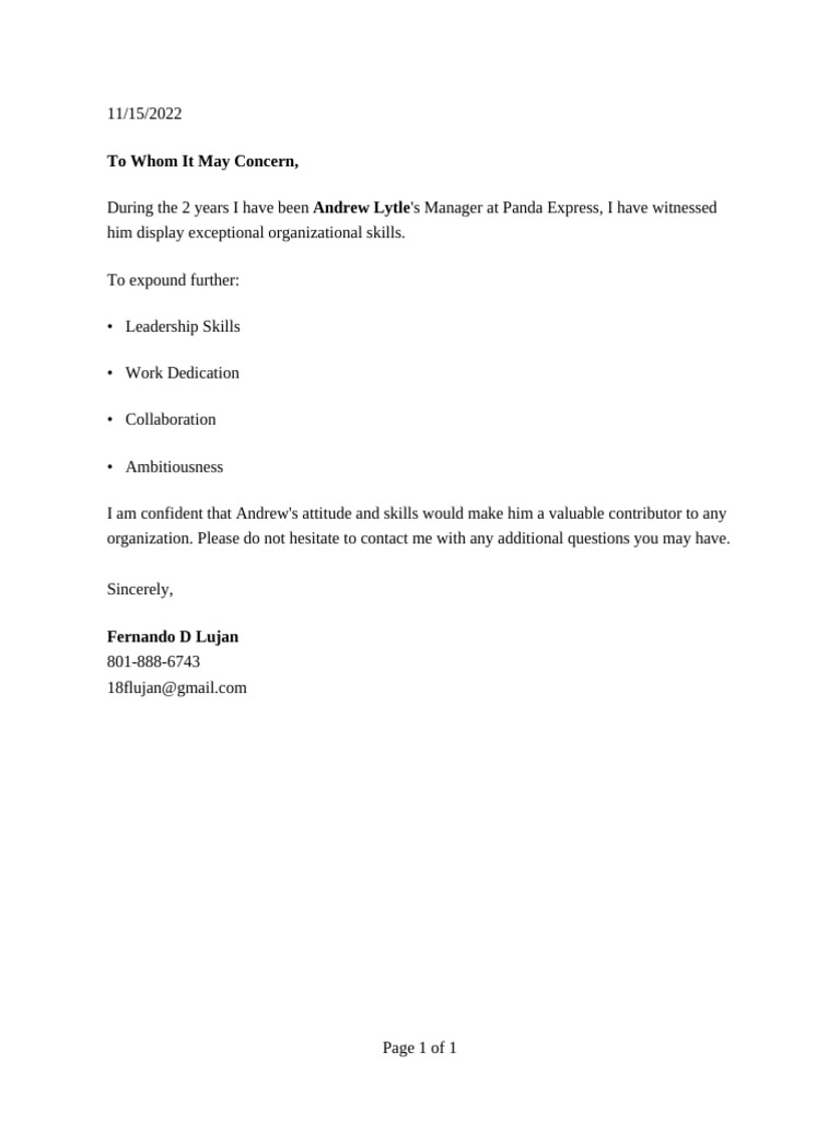 Andrew Letter of Recommendation | PDF | Applied Psychology | Learning