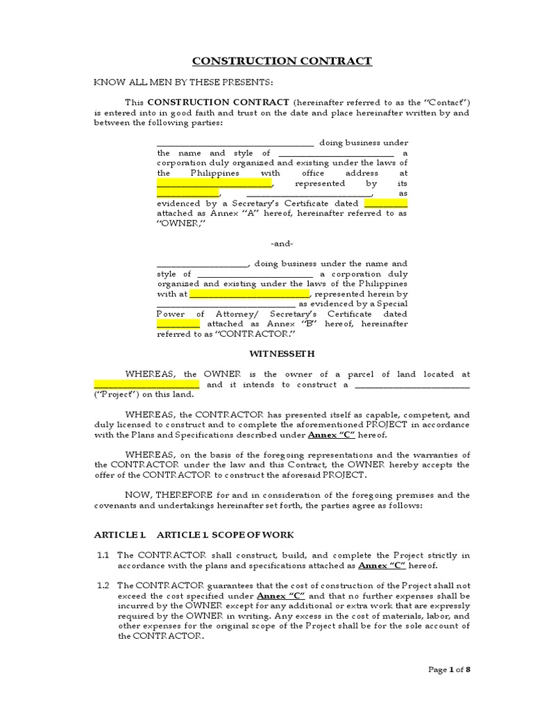 CONSTRUCTION CONTRACT Template - PSE | PDF | Employment | Bonds (Finance)