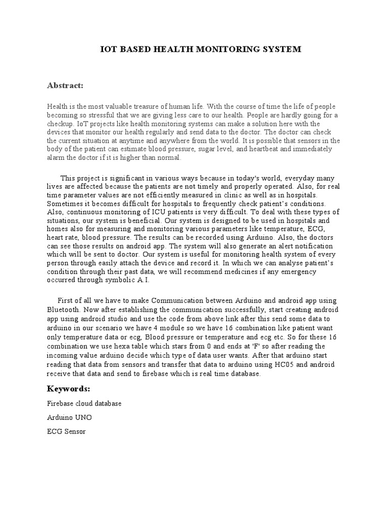 IOT BASED HEALTH MONITORING SYSTEM Abstract | PDF | Monitoring (Medicine) | Internet Of Things