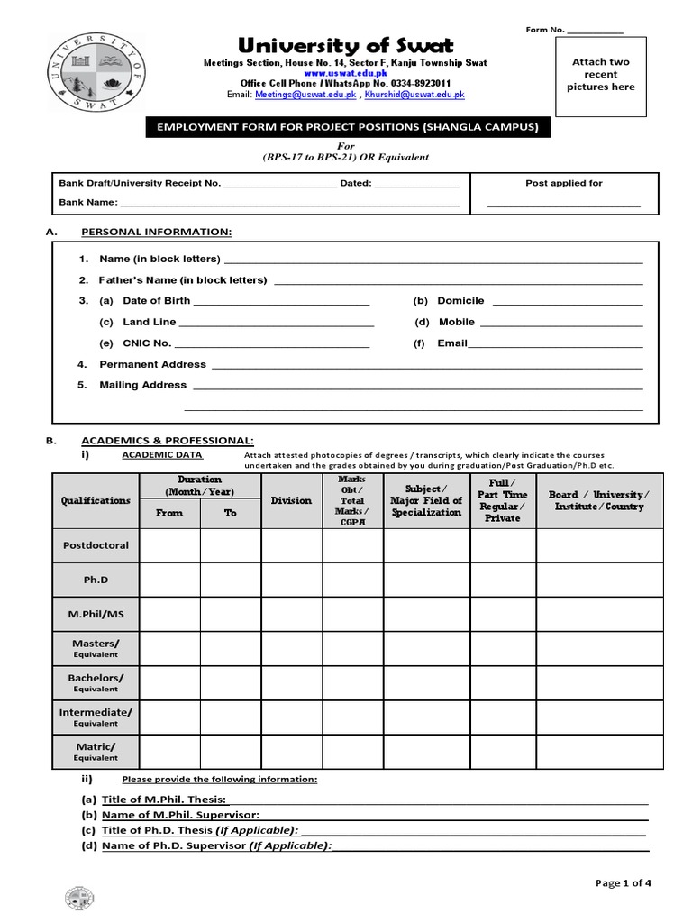 University of Swat Employment Application Form | PDF | Doctor Of ...