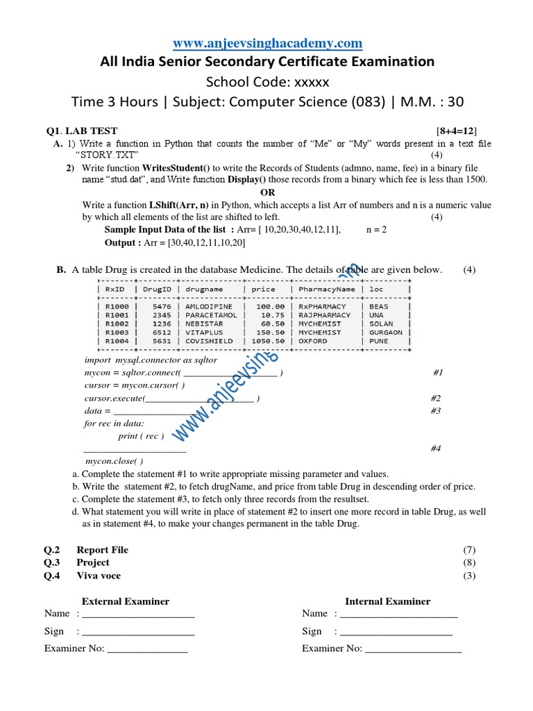 AISSCE Computer Science PRACTICALS QP 3 | PDF | Information Technology Management | Computer ...