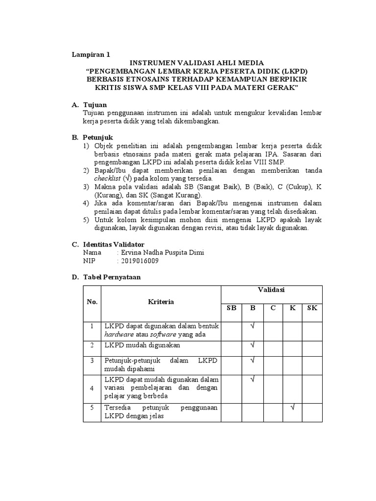 Instrumen Validasi 1 | PDF