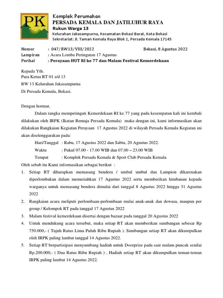 Surat HUT RI Edaran RT (2022) | PDF