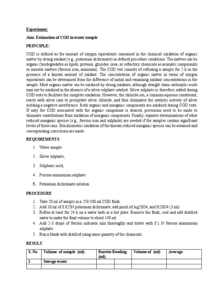 Experiment: Aim: Estimation of COD in Water Sample Principle | PDF ...