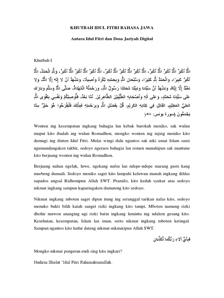 Khutbah Idul Fitri Bahasa Jawa Antara Idul Fitri Dan Dosa Jariyah Digital | PDF