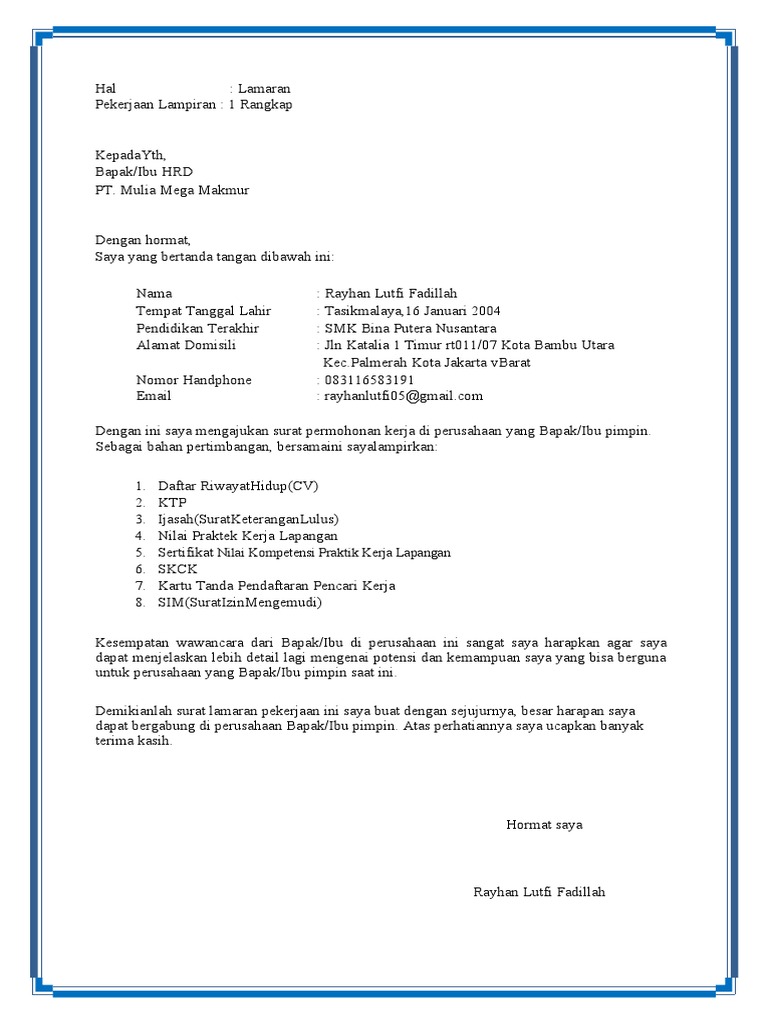 Surat Lamaran Kerja Rayhan | PDF | Karier & Perkembangan