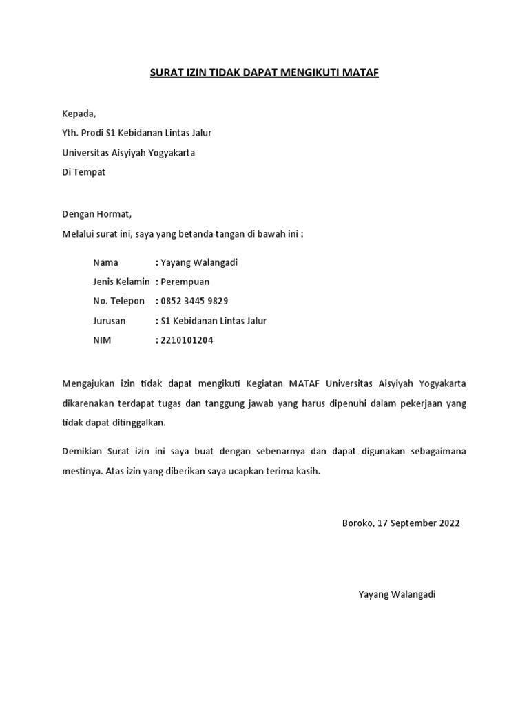 Surat Izin Tidak Dapat Mengikuti Mataf | PDF