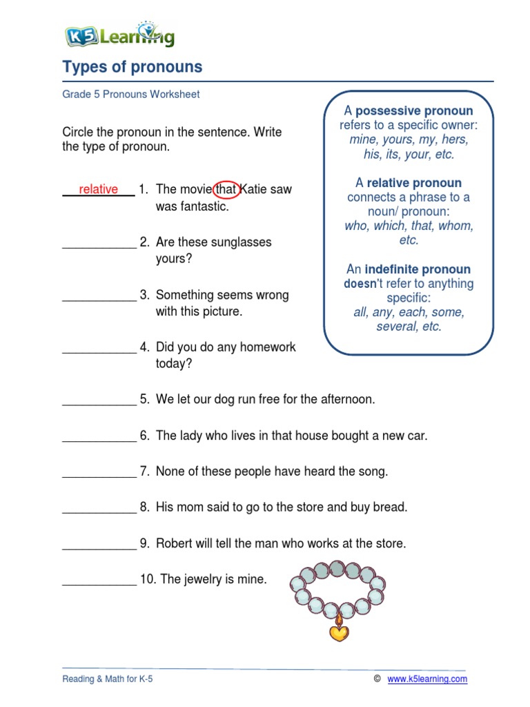 Grade 5 Types of Pronouns A | PDF