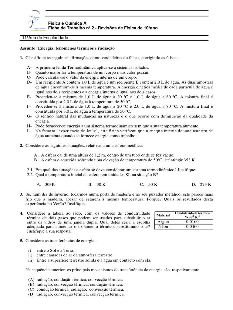 FT2 - Energia e Fenómenos Térmicos | PDF | Temperatura | Calor