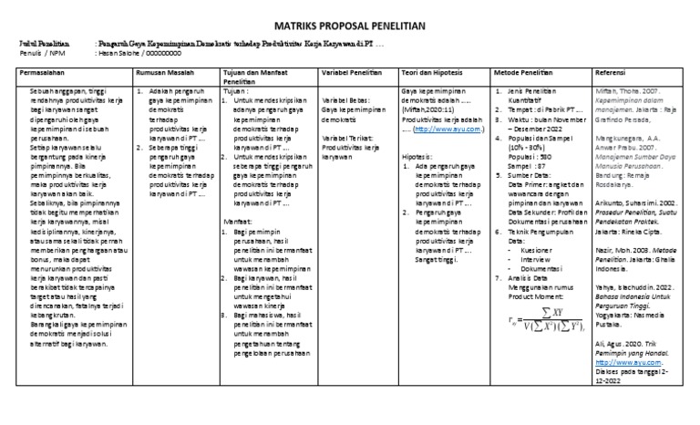 Pertemuan 15, MATRIKS PENELITIAN, Contoh | PDF