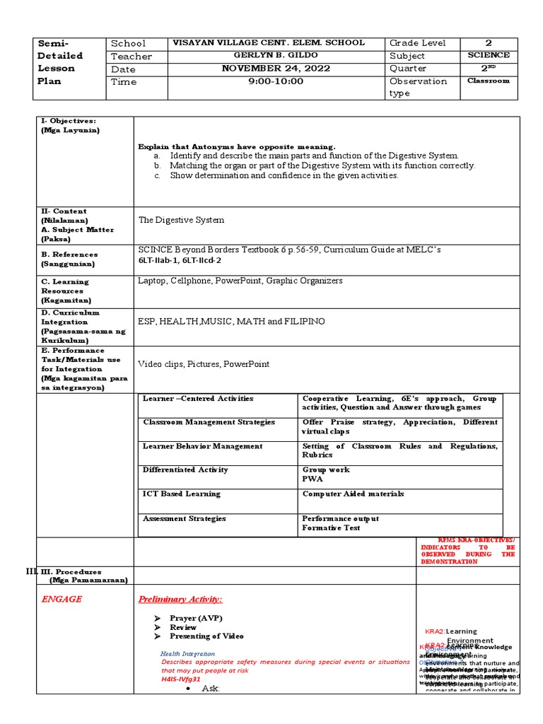 Lesson Plan MTB-MLE COT-GERLYN GILDO | PDF | Learning | Digestion