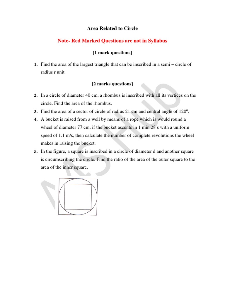 Important Circle Area Questions | PDF | Area | Circle
