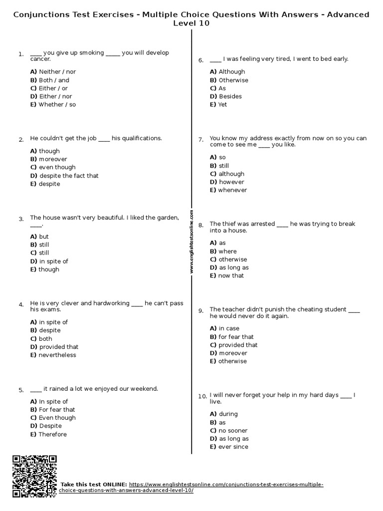 509 Conjunctions Test Exercises Multiple Choice Questions With Answers ...