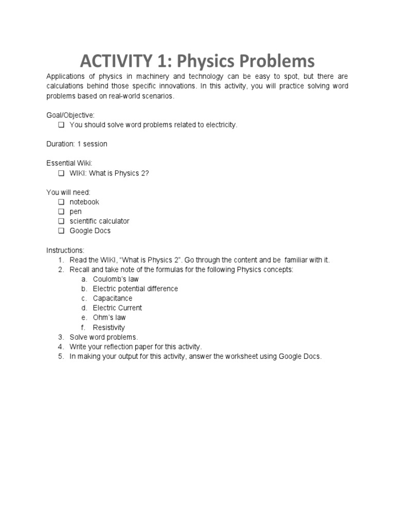 Physics 2 - Activity 1 - Physics Problems | PDF | Capacitor | Voltage