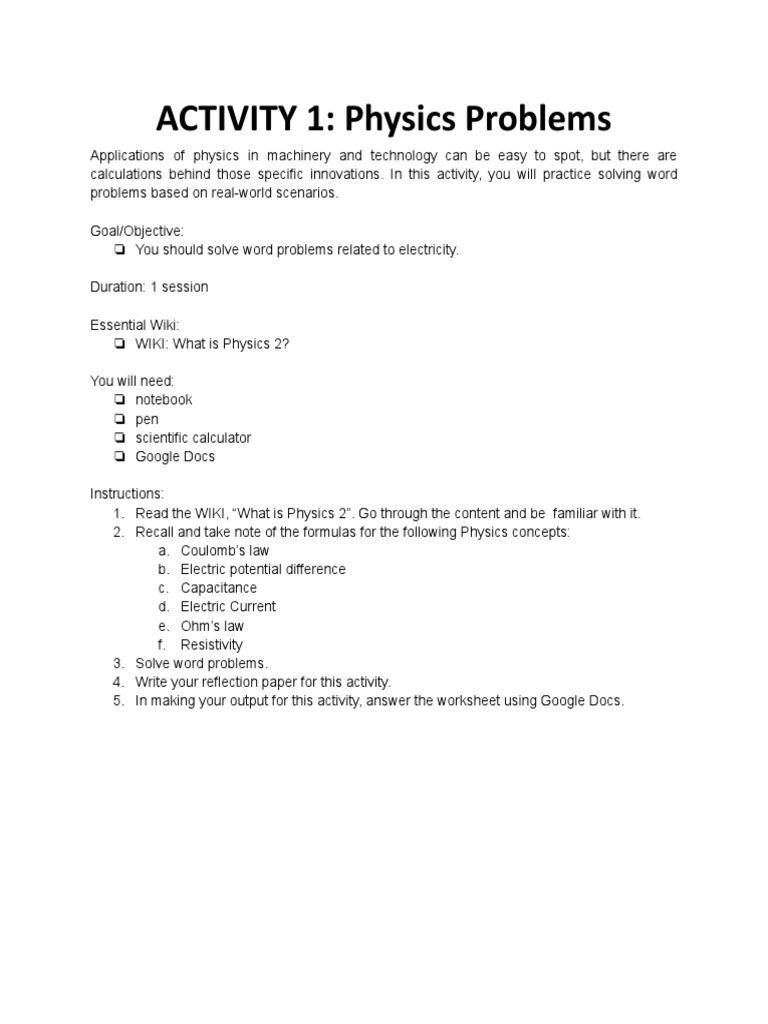 Physics 2 - Activity 1 - Physics Problems | PDF | Capacitor | Electric ...