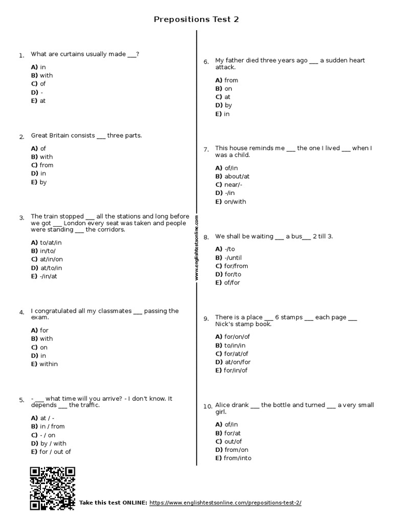1366 Prepositions Test 2 | PDF