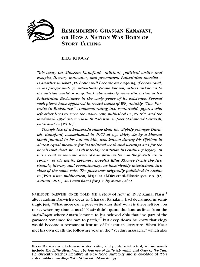 Remembering Ghassan Kanafani or How A Nation Was Born of Story Telling - Elias Khoury | PDF ...