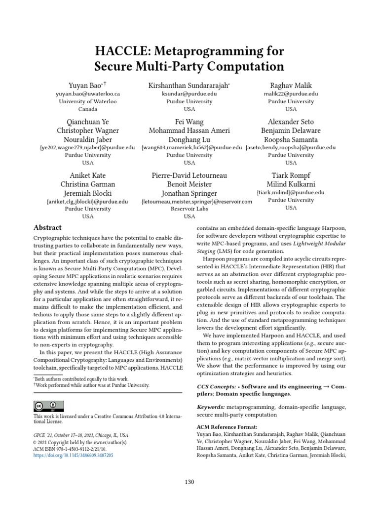 HACCLE: Metaprogramming For Secure Multi-Party Computation | PDF ...