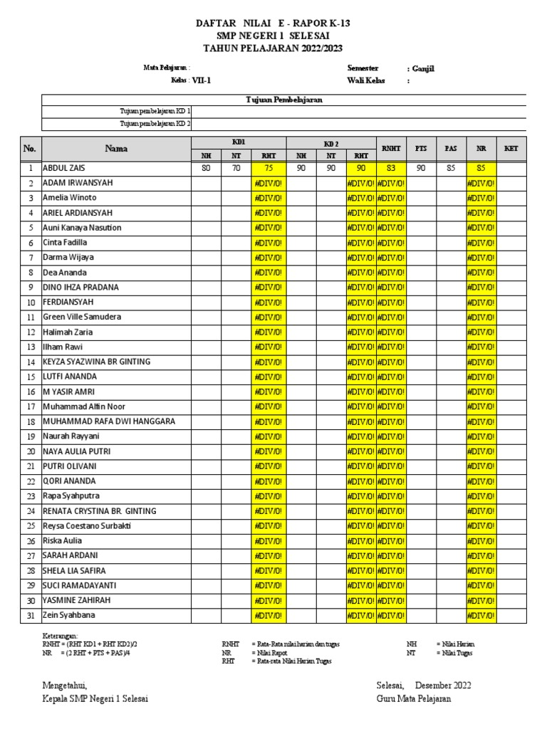 Format Nilai E-Rapor Terbaru | PDF