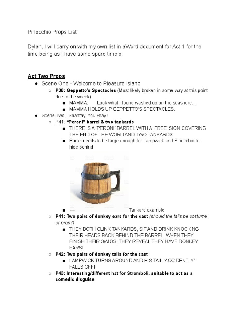 Pinocchio Props List | PDF | Italian Children's Literature | Pinocchio