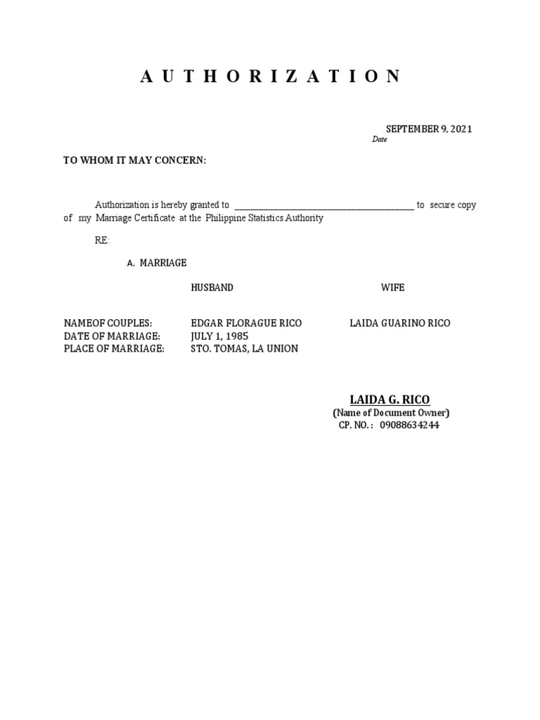 A U T H O R I Z A T I O N Document With Annotation MARRIAGE | PDF
