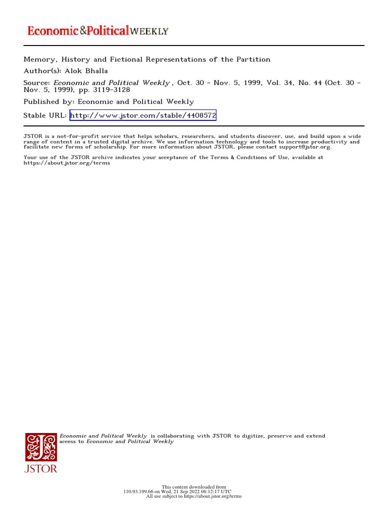 Partition Memories and Literary Reflections | PDF