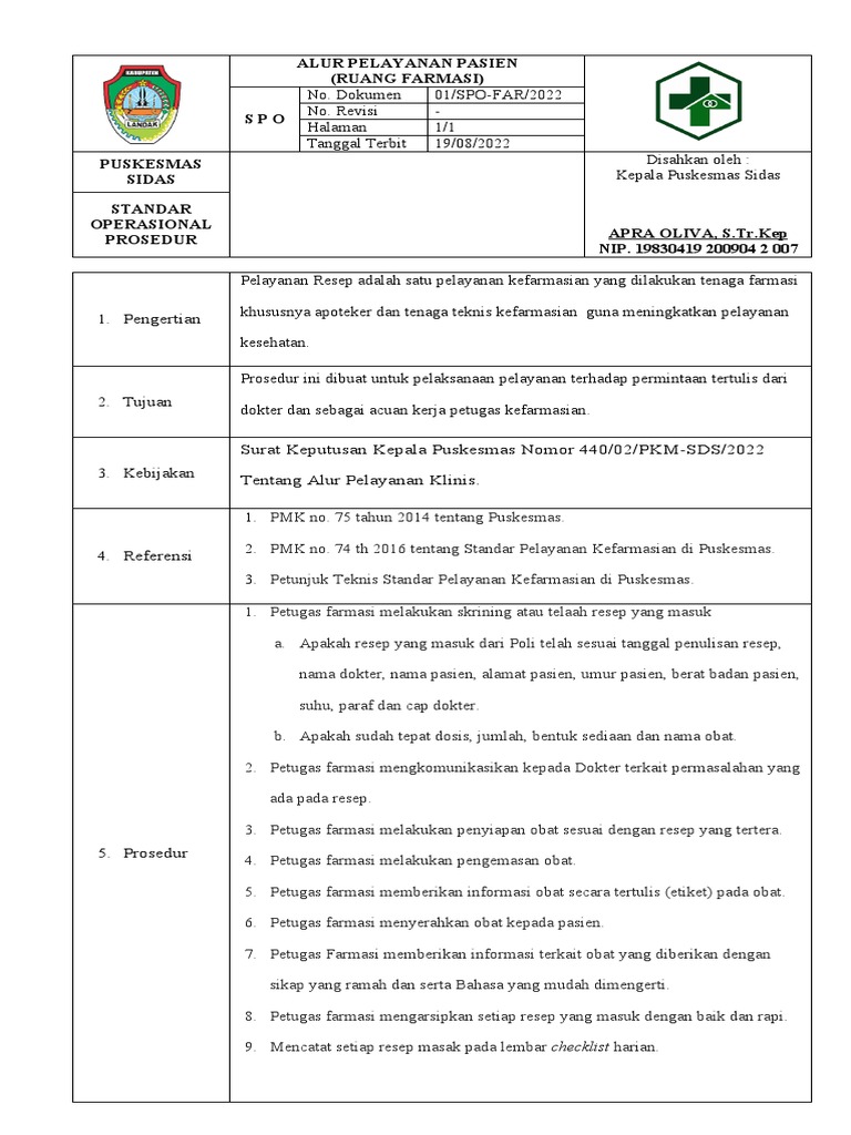 Alur Pelayanan Pasien (Ruang Farmasi) SPO Puskesmas Sidas Standar ...