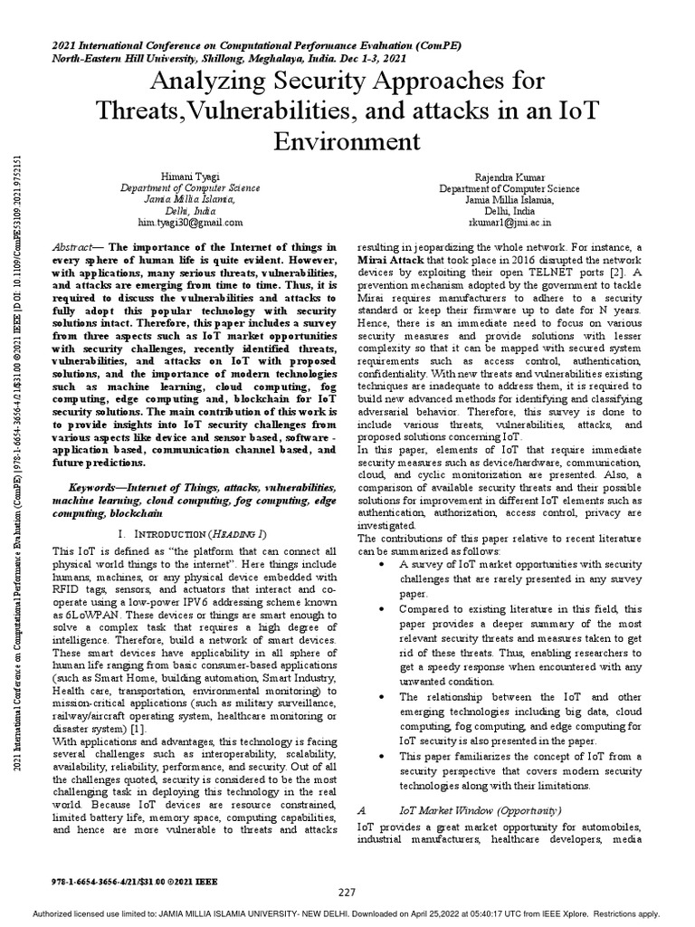 Analyzing Security Approaches For Threats Vulnerabilities And Attacks In An Iot Environment
