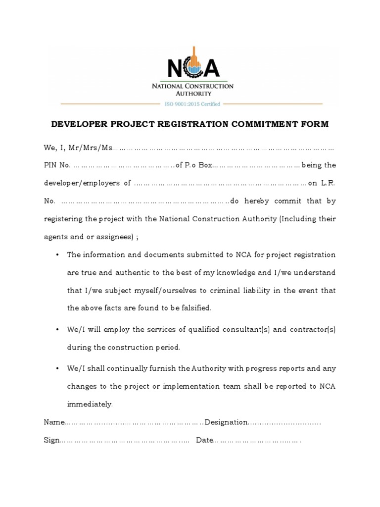 NCA Developer Project Registration Commitment Form | PDF