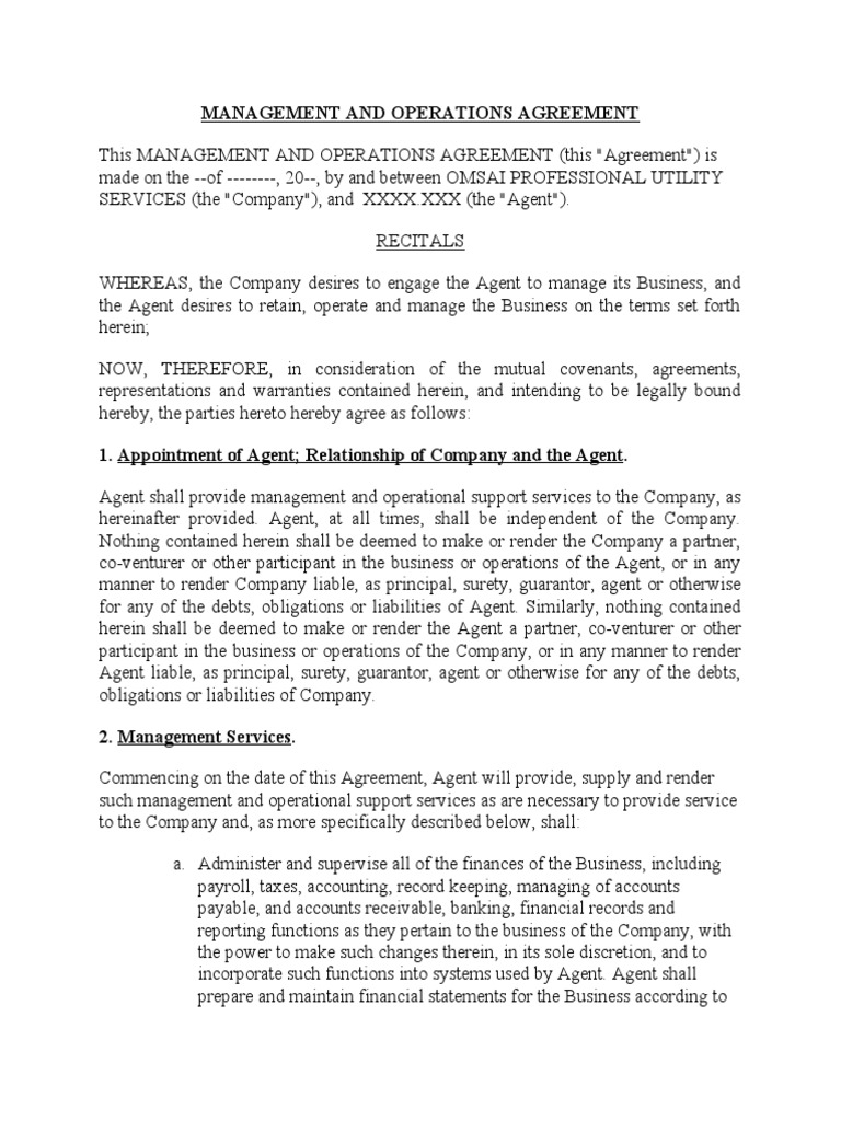 Management of Operations: An Agreement Defining Roles and ...