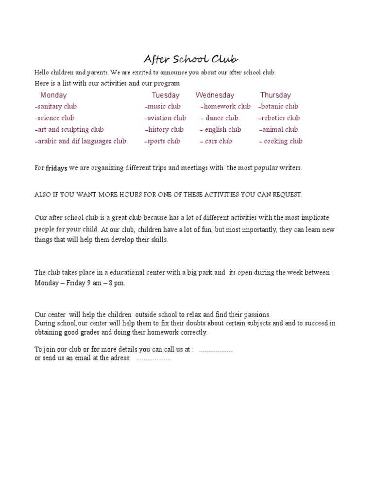 After School Club | PDF | Sports & Recreation