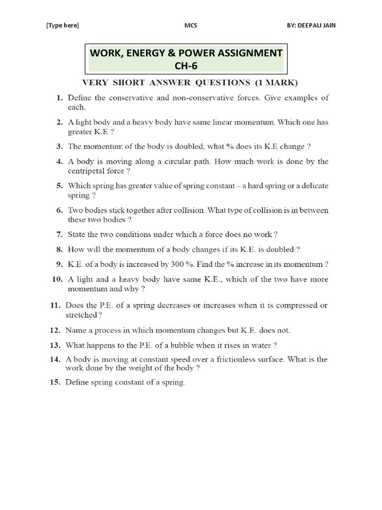 Work, Energy and Power Assignment | PDF