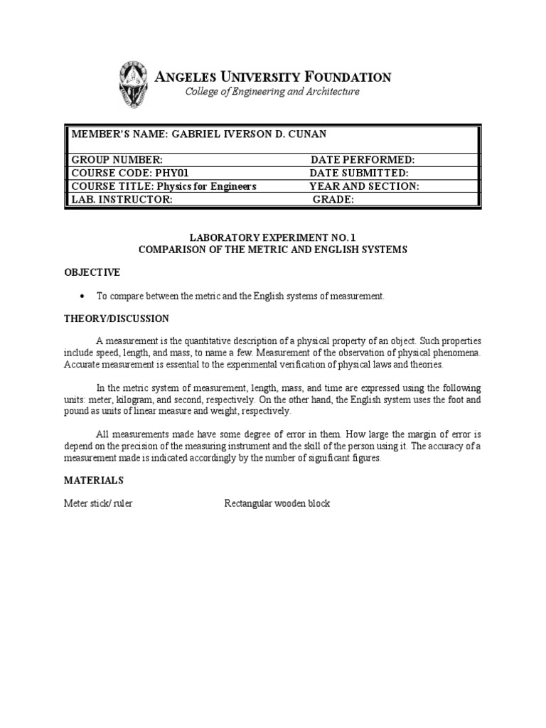 Activity 1 - Comparison of Metric and English Systems | PDF ...